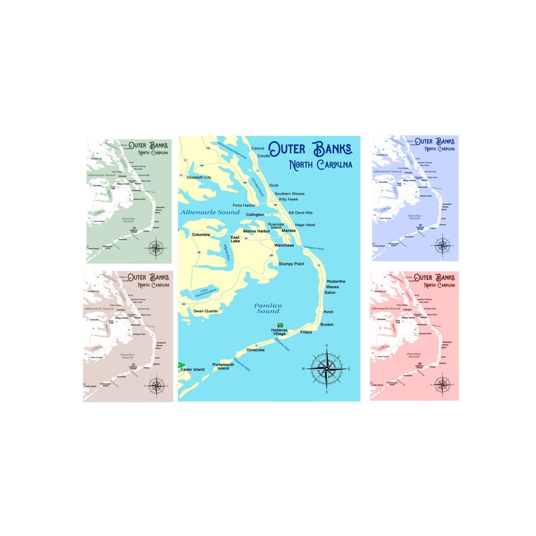 Outer Banks North Carolina Map Art Posters, Prints or Canvas Wraps ...
