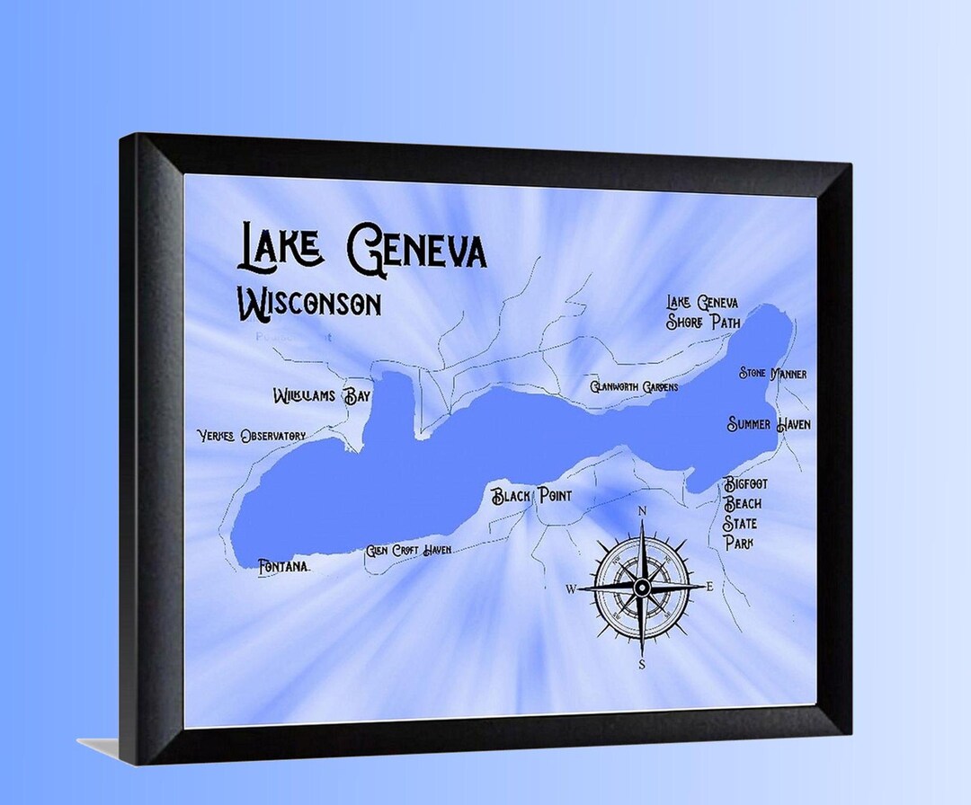 Lake Geneva Wisconsin Map Art Posters, Prints or Canvas Wraps Giclee ...