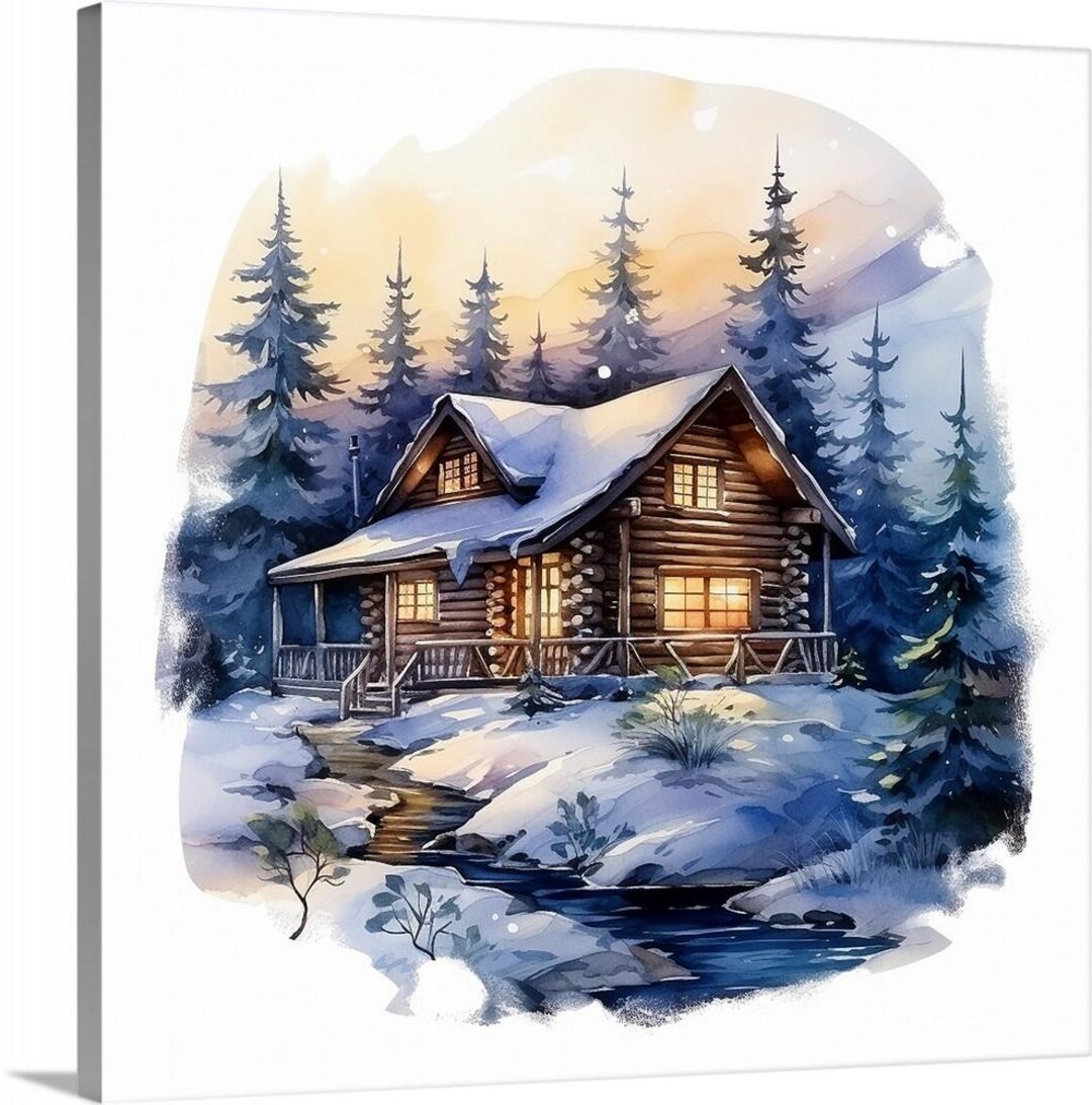 Winter Snow Rustic Cabin in the Woods Creek Water Tress Wall Art ...
