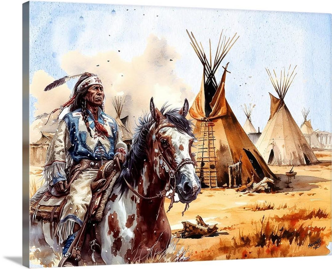 Native Indian Sioux Indian Warrior on Guard Painting in Full Headdress ...