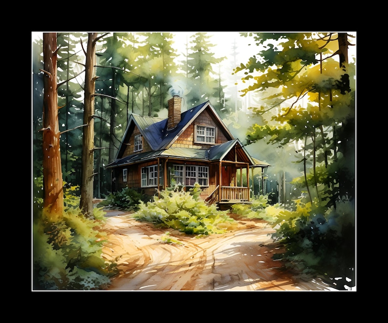 Rustic Cabin in the Woods Tress Wall Art Mountain Watercolor Painting ...