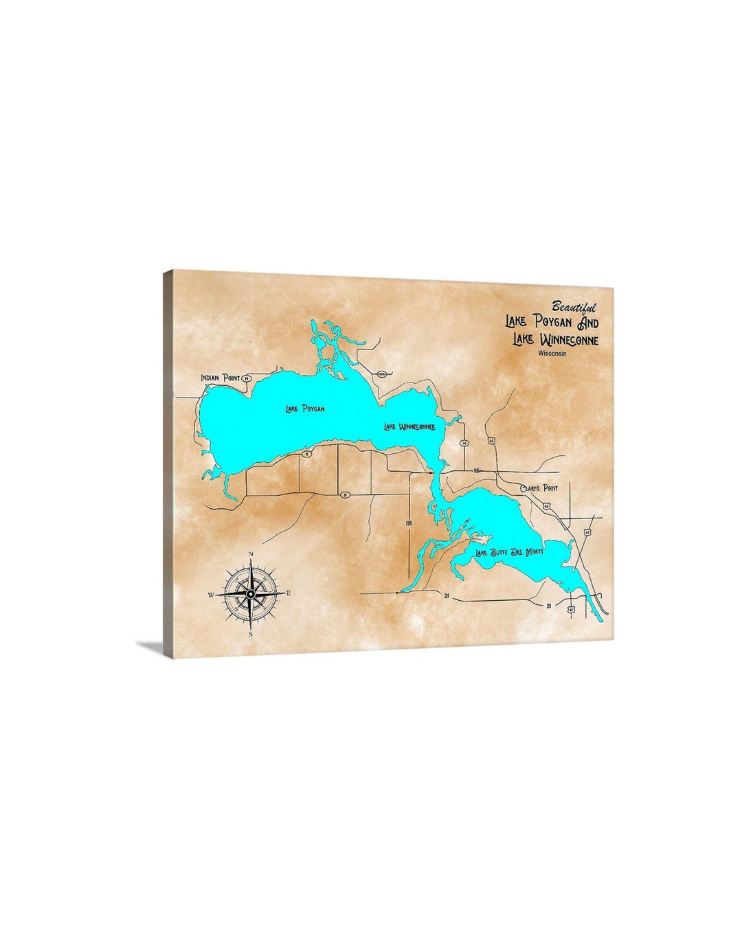 Lake Poygan & Minneconne Wisconsin Map Art Posters, Prints or Canvas ...