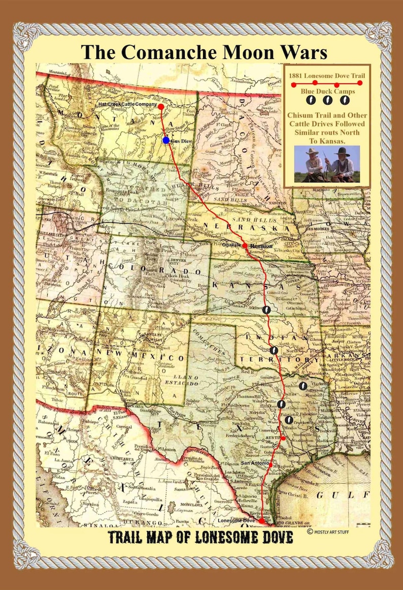 Lonesome Dove Hat Creek Cattle Trail Map Poster Old West Movie ...