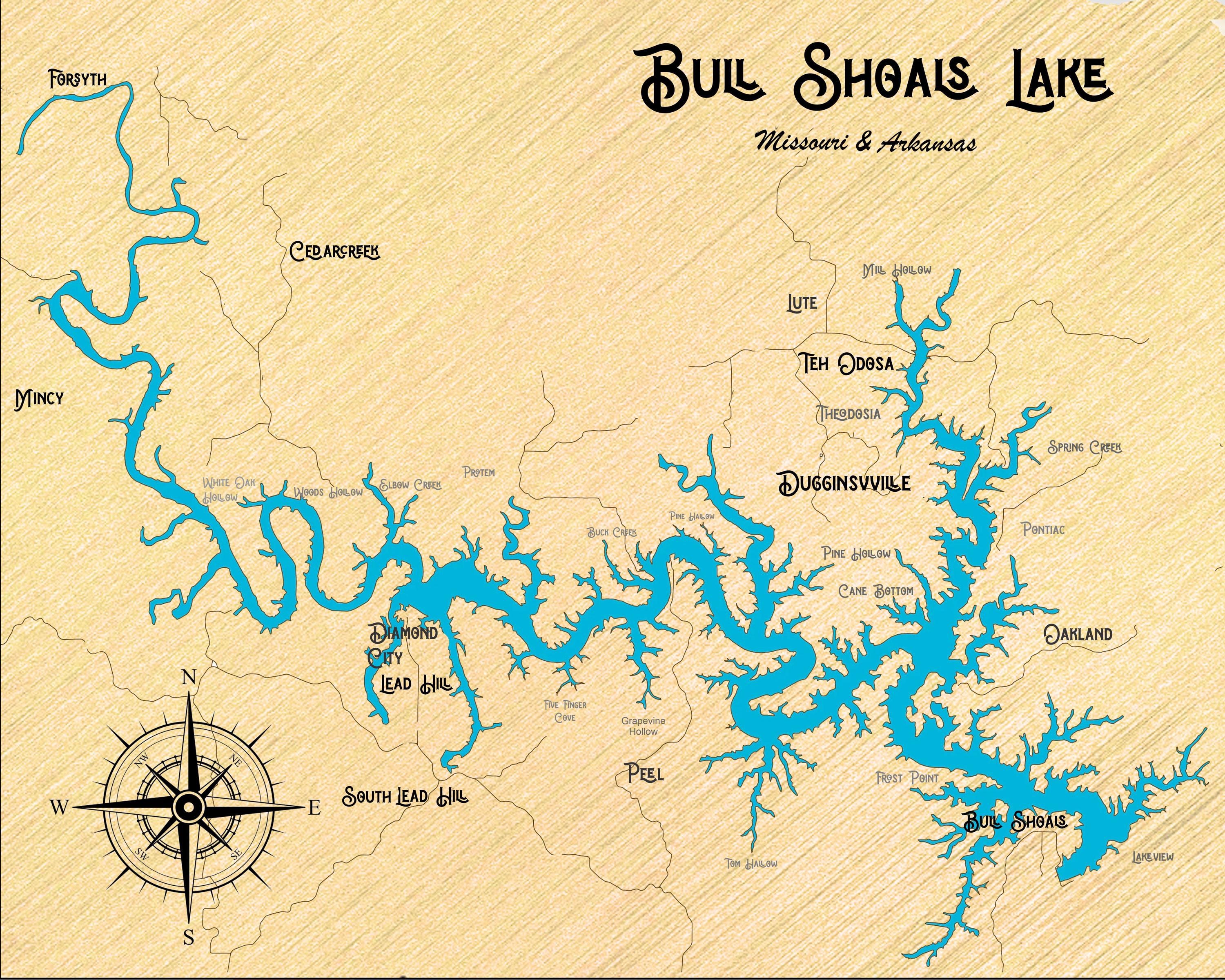 Bull Shoals Lake Map Art Posters, Prints or Canvas Wraps Giclee ...
