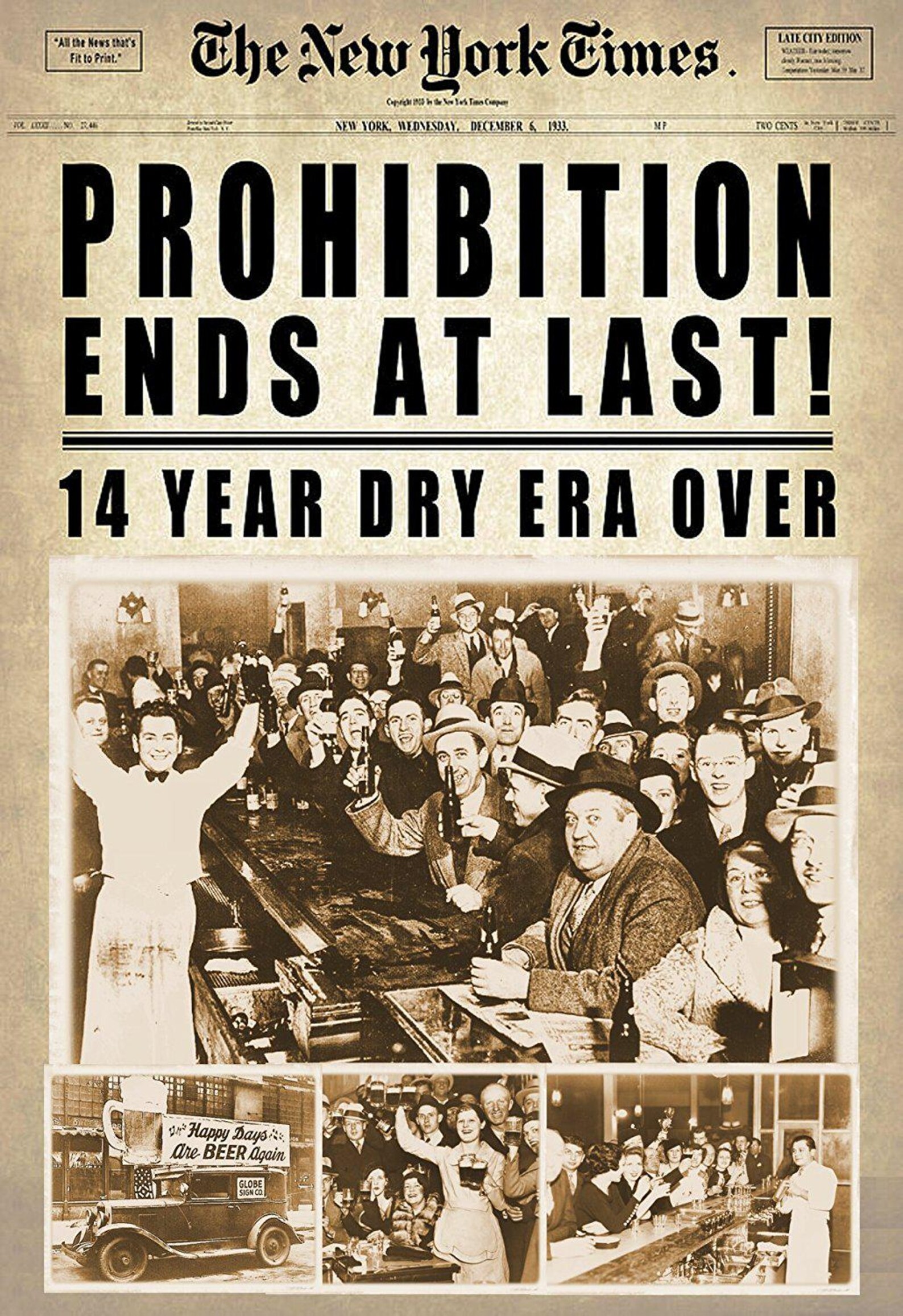 Prohibition Ends Newspaper Headline Poster 12 X 18 Inches. Era of ...