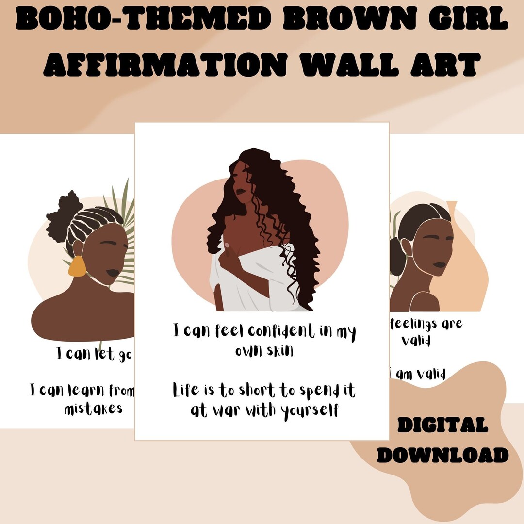 Boho-themed Black Girl Inspirational Self-love Simple Quote Print Set ...