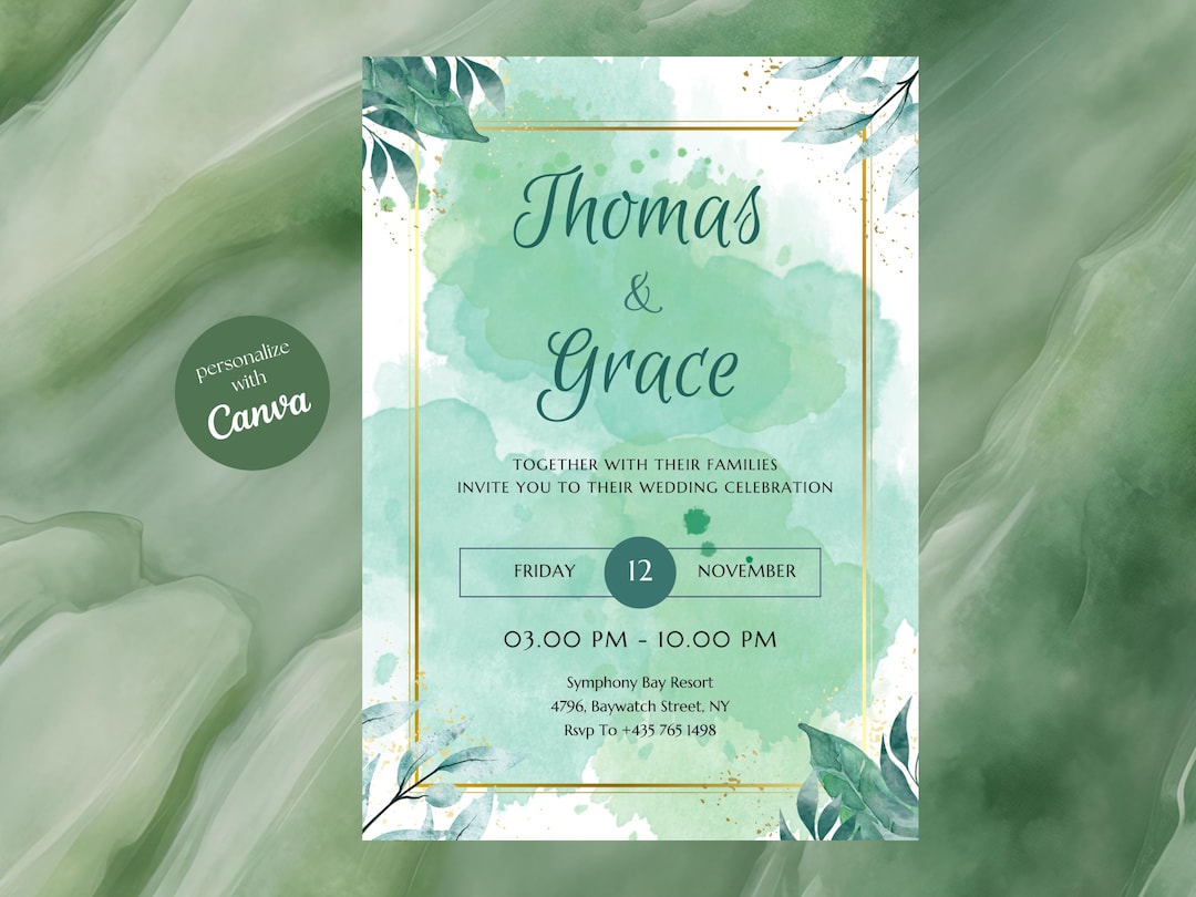 Green Forest Themed Wedding Invitation, Elegant Gold and Green Wedding ...