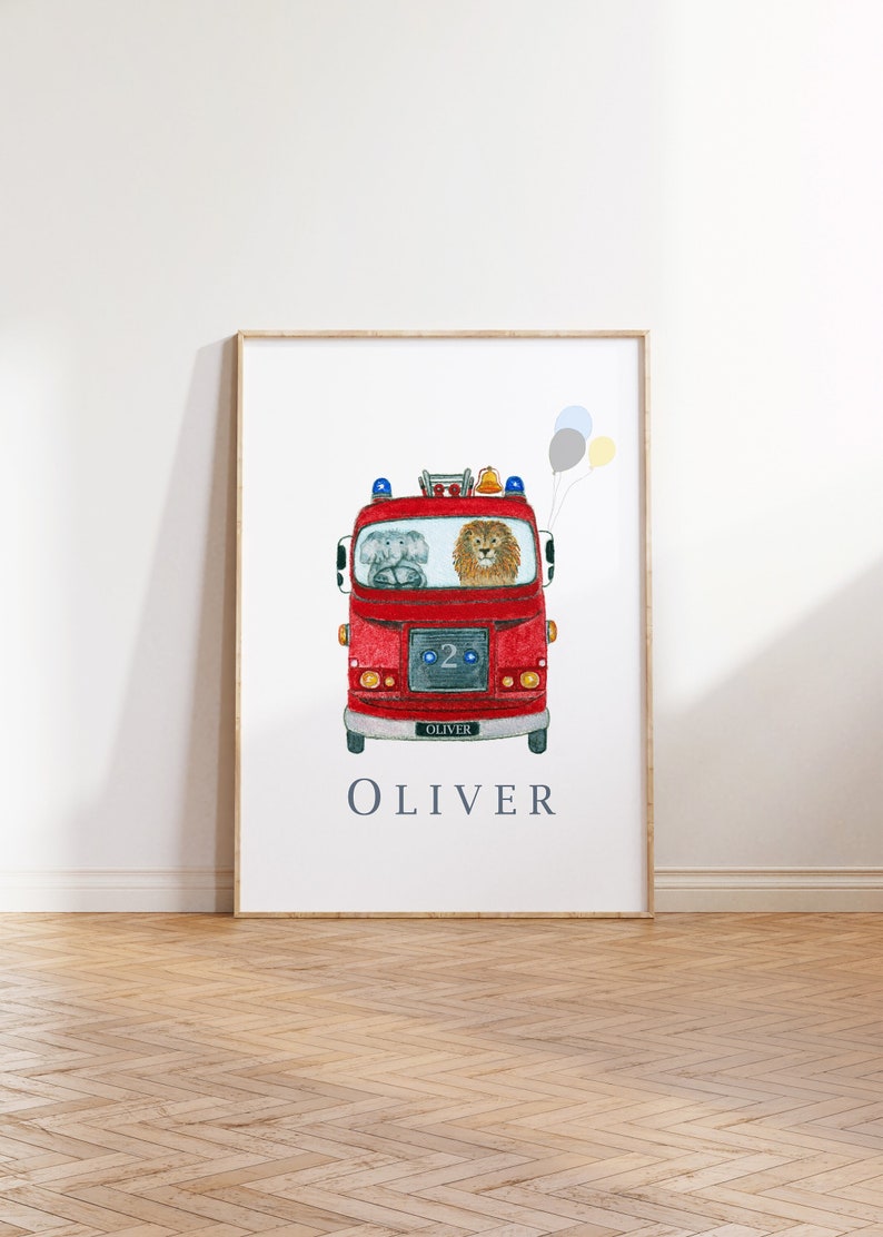 Fire Engine Print, Fire Truck Wall Art, Personalised Boy's Print, Car ...