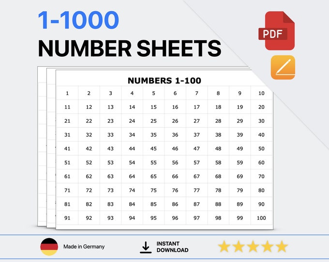 Number Chart 1-1000 Numbers 1 to 1000 Chart Thousands Chart by 10's ...