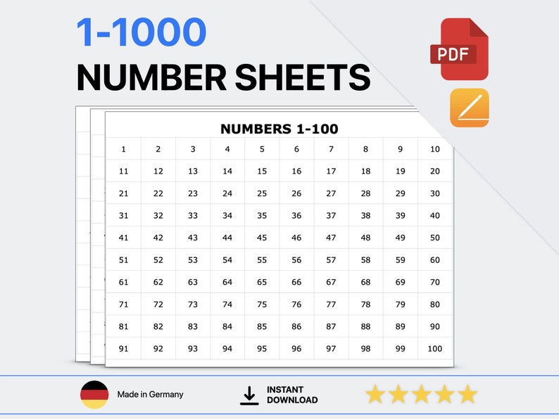 Numbers From 1 to 1000 A4 Printable Number Table Count to 100 1000 ...