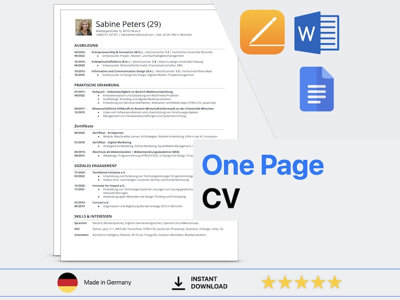 One-page Resume Template, Application Templates, Template Word, Google ...