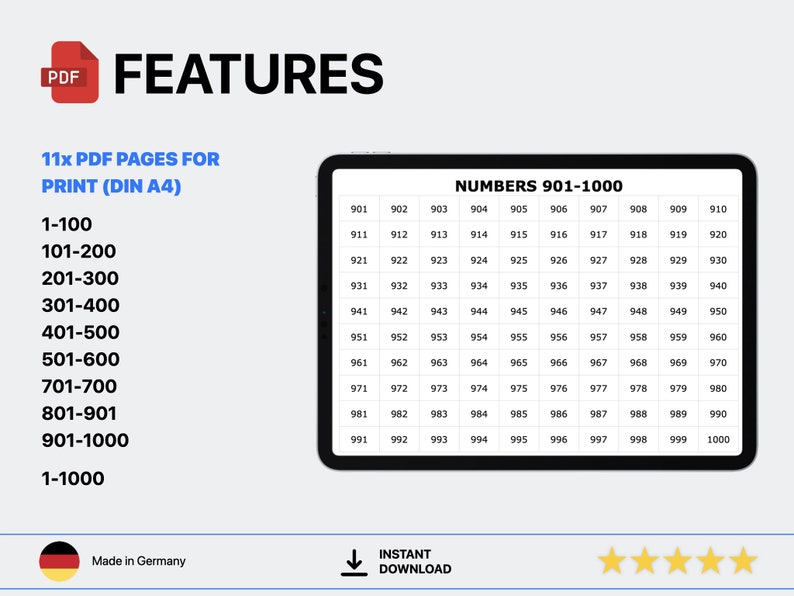 Numbers From 1 to 1000 A4 Printable Number Table Count to 100 1000 ...