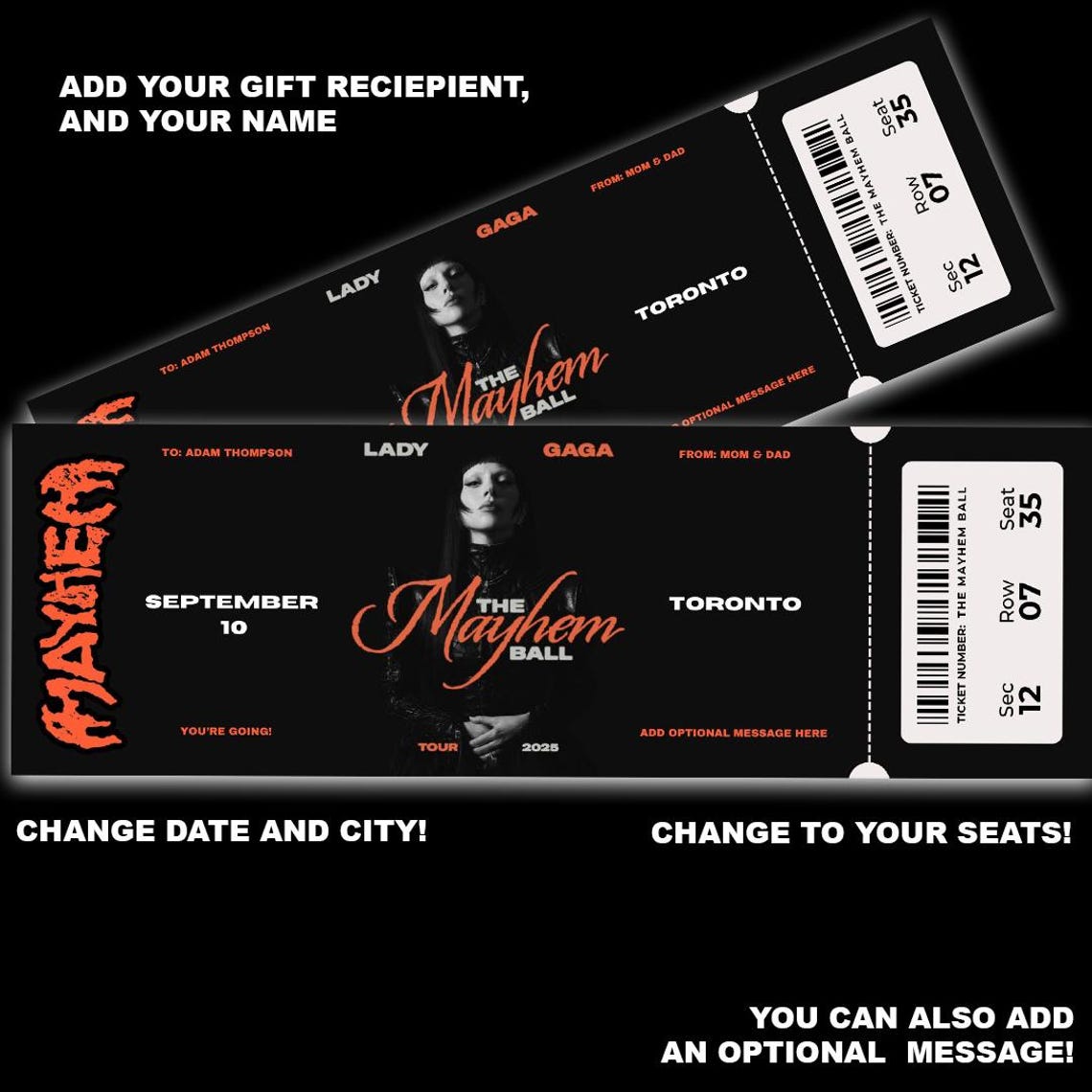 Lady GAGA Mayhem Tour Editable Download Ticket Template for Surprise ...