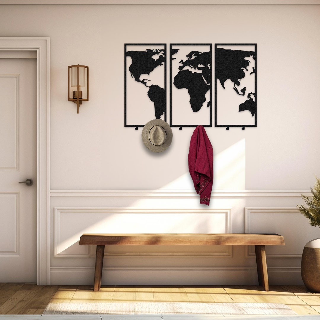 Hook Coat Rack 3 Piece Wall Art Metal World Map Continents Home Office ...