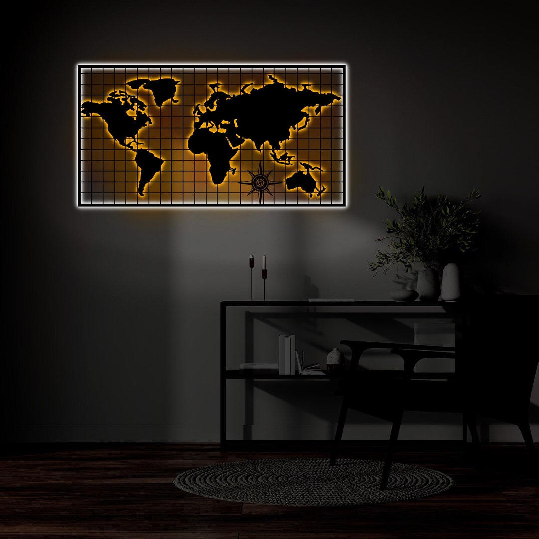 Metal World Map Continents Metal LED Wall Art Home Office Decoration ...