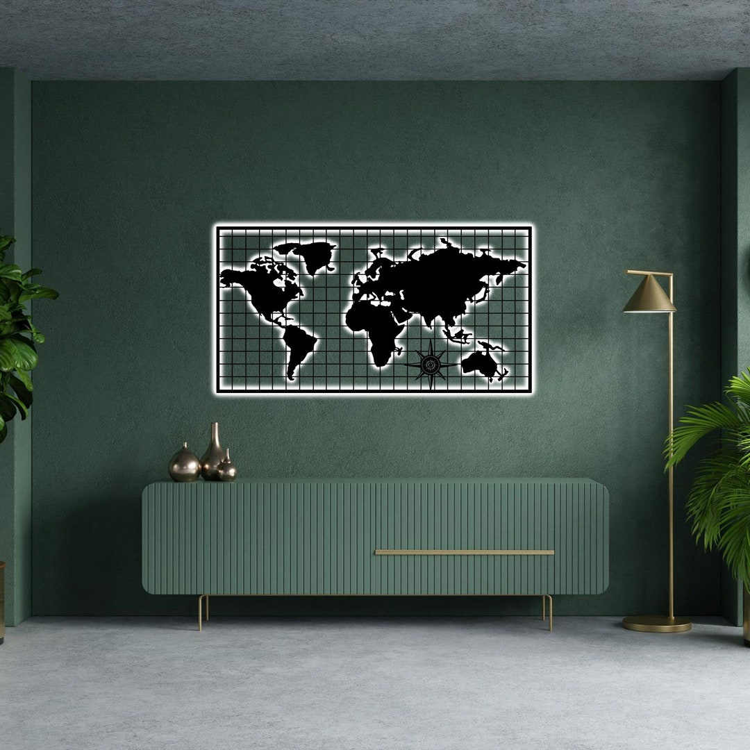 Metal World Map Continents Metal LED Wall Art Home Office Decoration ...
