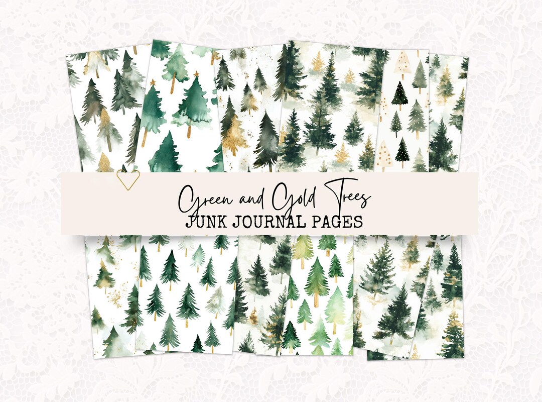 Green & Gold Trees Junk Journal Printable Pages, Vintage Junk Journal ...