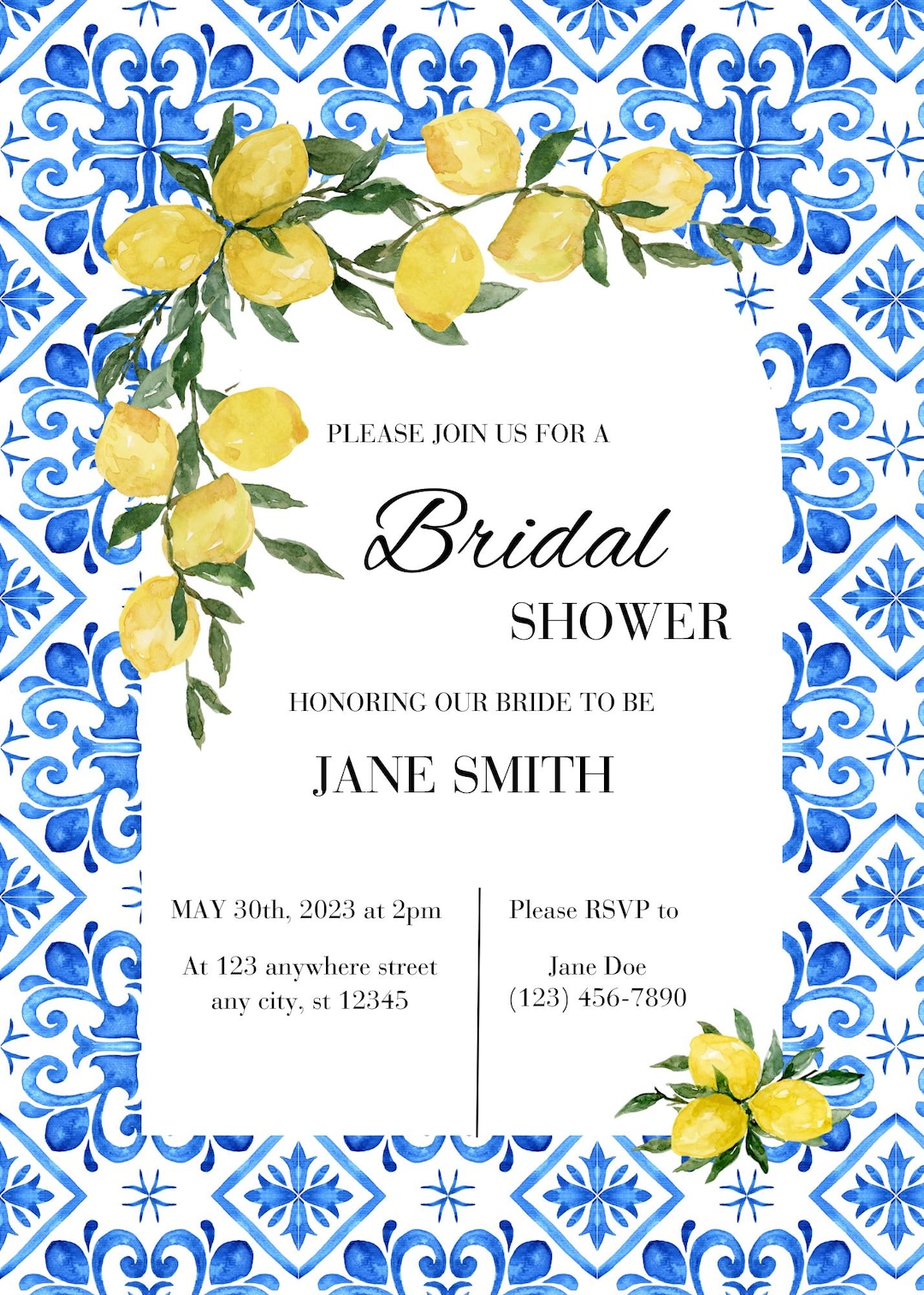 Capri Lemons Bridal Shower Invitation, Edit in Canva, Printable ...