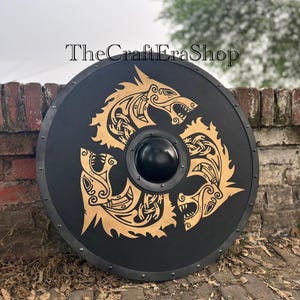 Wooden Viking Shield | Fenrir Golden Wolf Norse Shield | Ragnar Shield ...