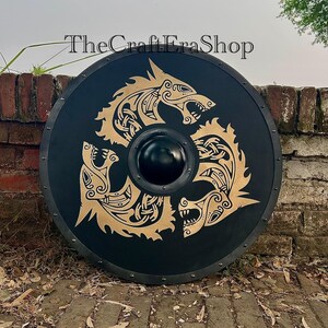 Wooden Viking Shield | Fenrir Golden Wolf Norse Shield | Ragnar Shield ...
