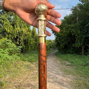 Brass Handle Wooden Walking Cane: Ergonomic Carved Hiking Stick - Etsy