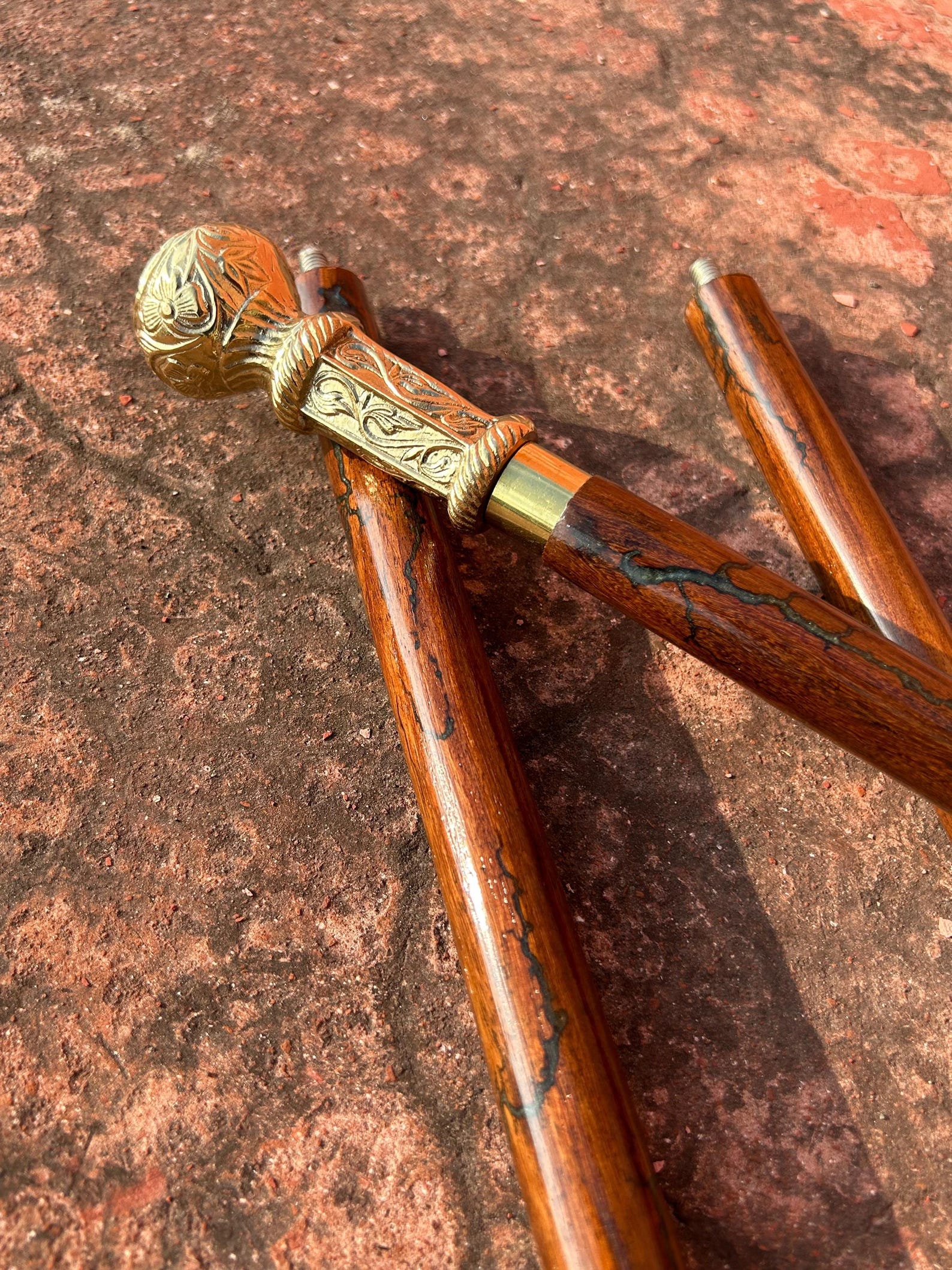 Brass Handle Wooden Walking Cane: Ergonomic Carved Hiking Stick - Etsy