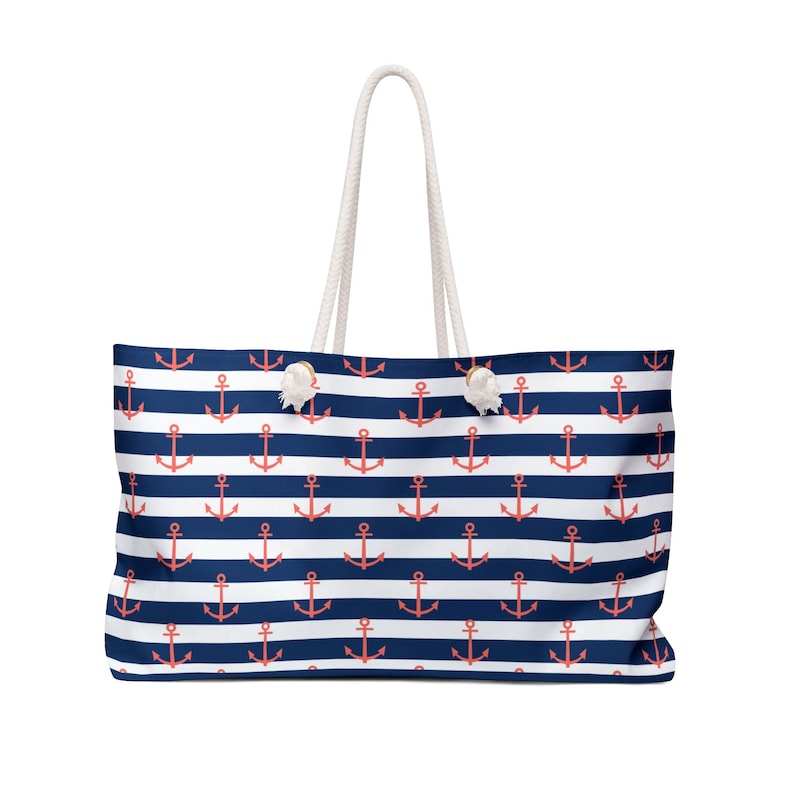 Nautical Anchor Tote Bag - Large Beach Bag With Navy Stripes and Rope ...