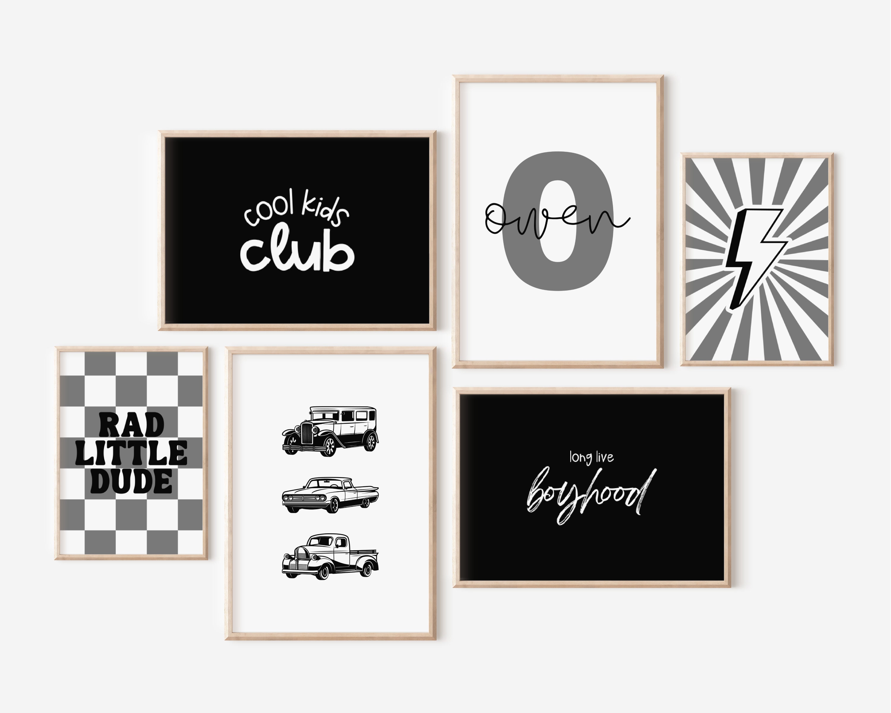 Retro Boy Room Posters Black, Set of 6, Rad Little Dude, Nursery Decor ...