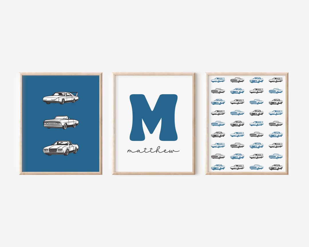 Cars Boy Room Print Set, Custom Name Nursery Wall Art, Blue Nursery ...