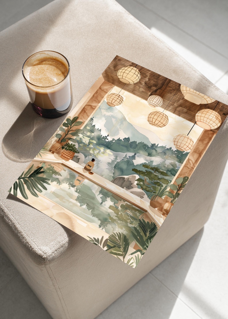 Cozy Hot Springs Japan Art Print, Beige Minimalist Watercolor Poster ...