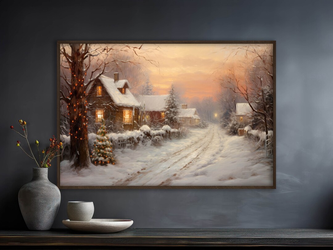 Vintage Winter Christmas Village Wall-art: Cozy, Snowy, Oil Painting ...