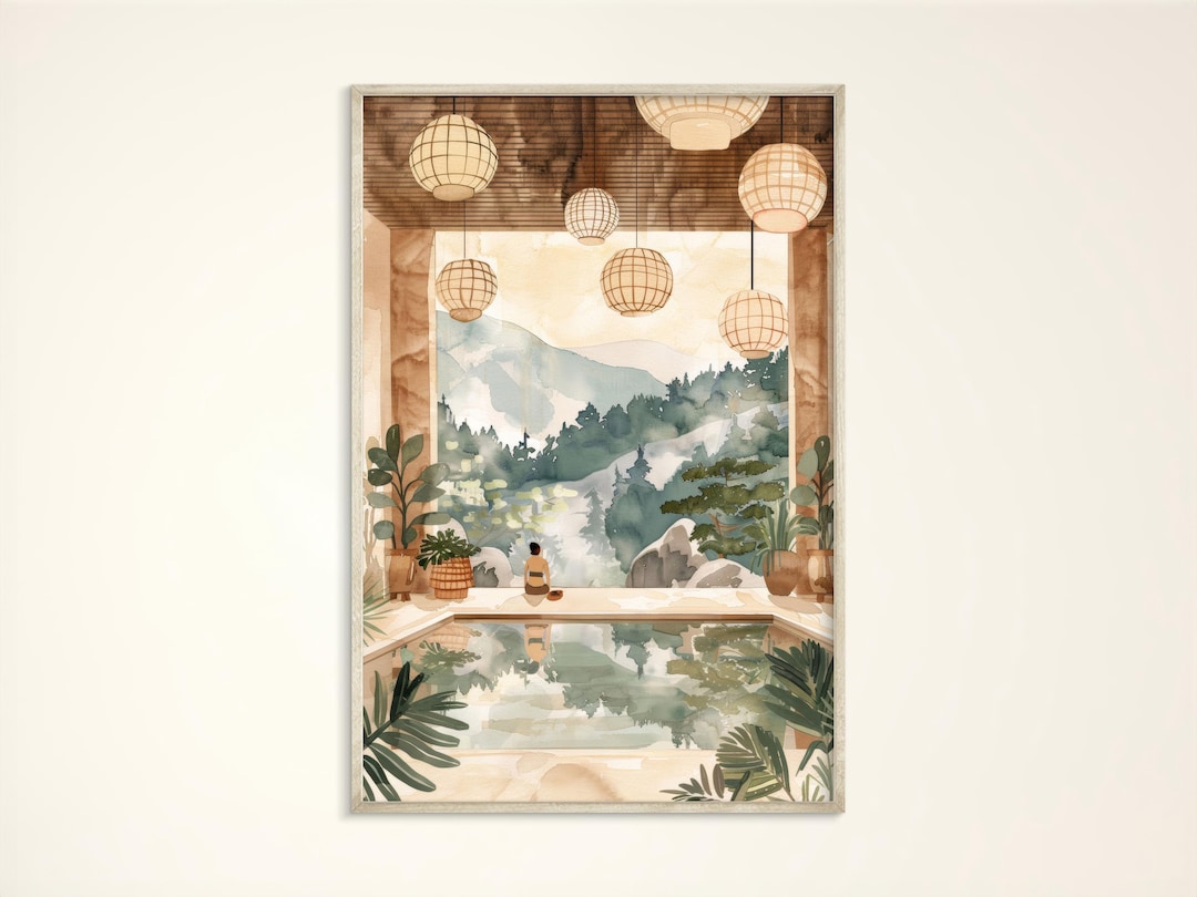 Cozy Hot Springs Japan Art Print, Beige Minimalist Watercolor Poster ...