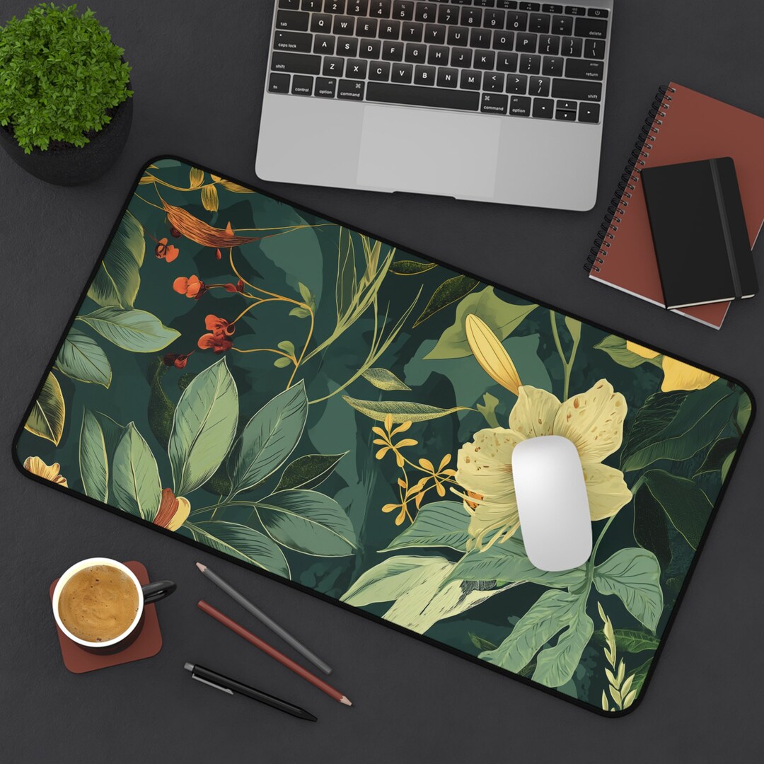 Sage Green Floral and Plant Detailed Design Floral Desk Mat, Botanical ...