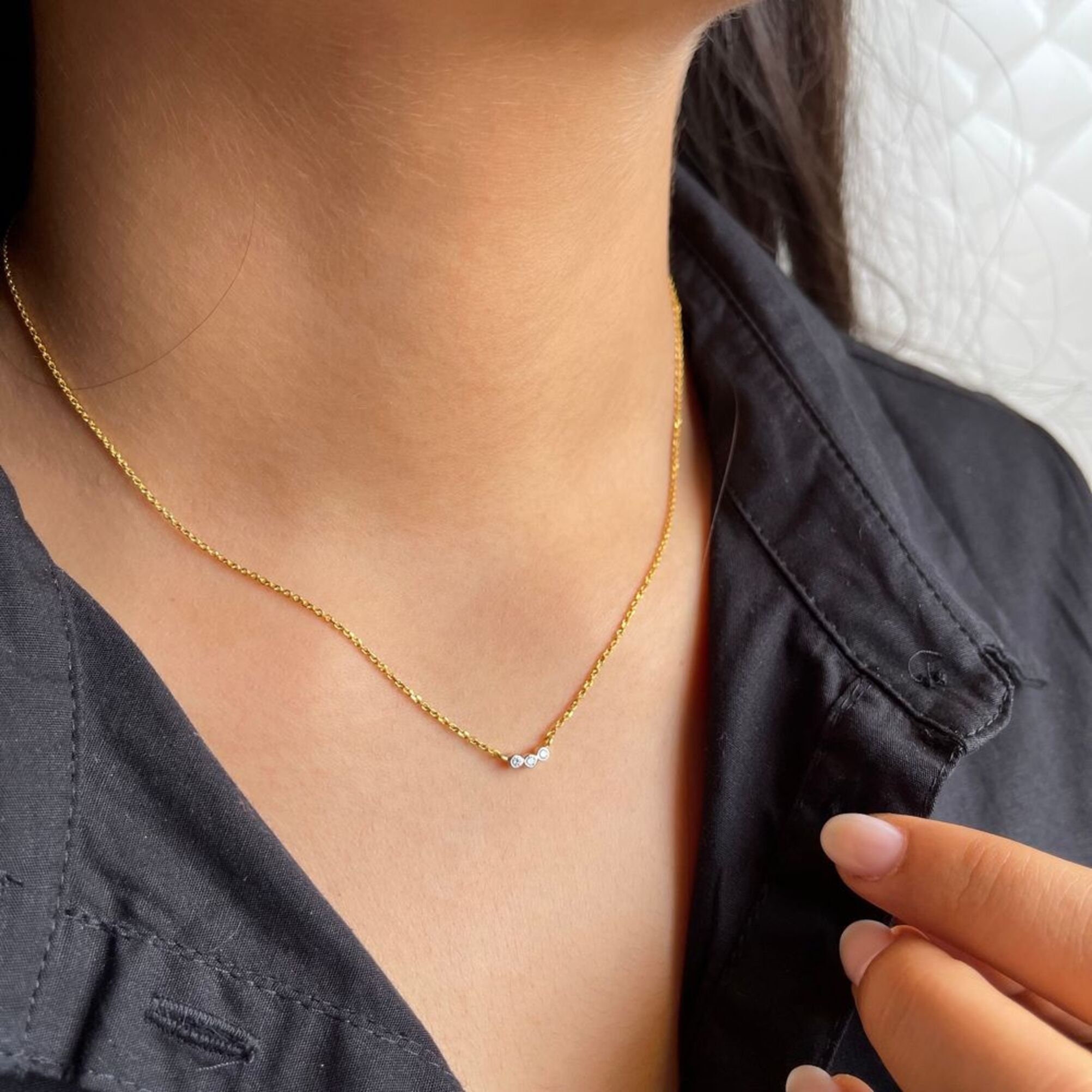 Three Diamond Necklace 14k Gold Trio Diamond Necklace Dainty Diamond ...