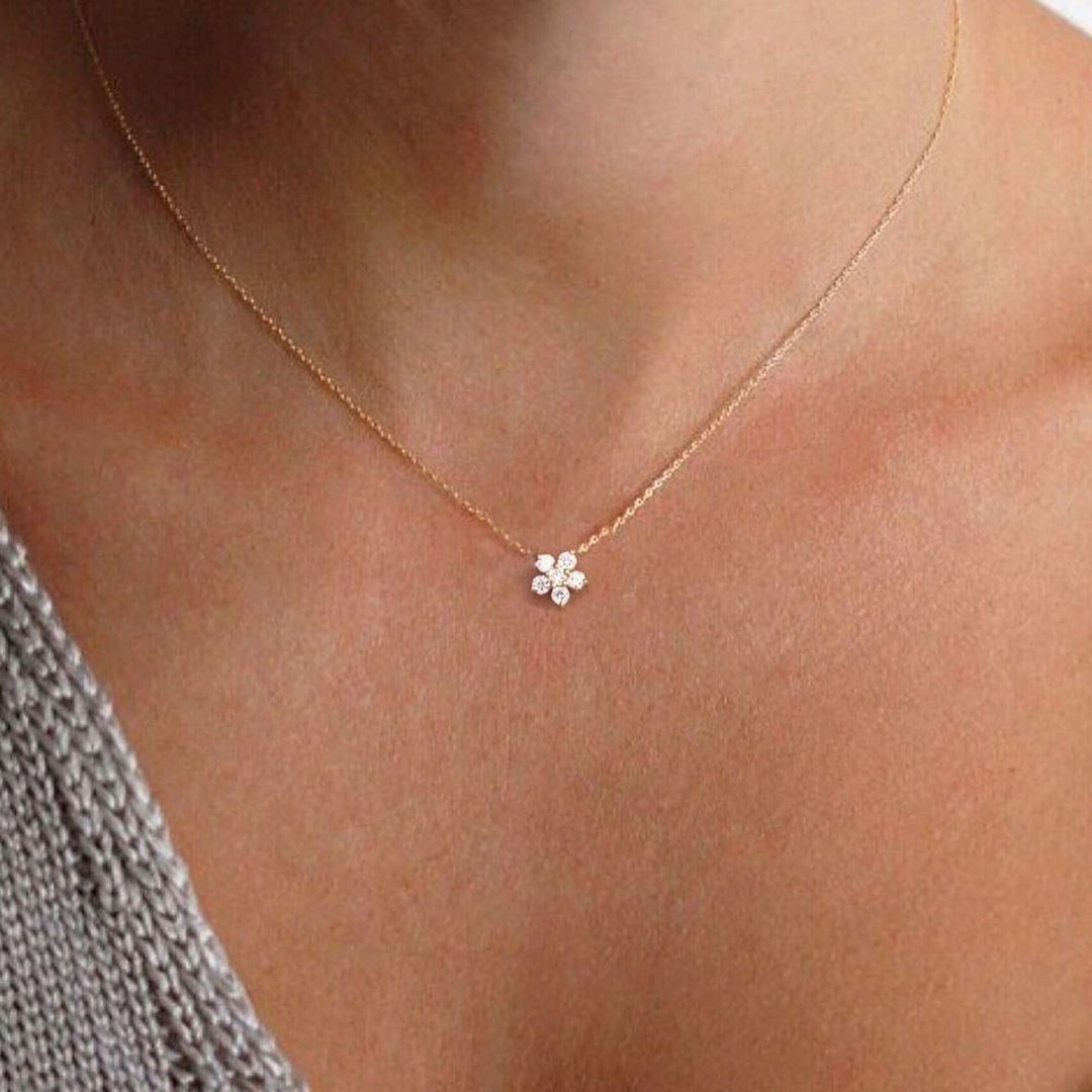 14k Gold Diamond Flower Necklace, Natural Diamonds and Solid Gold ...