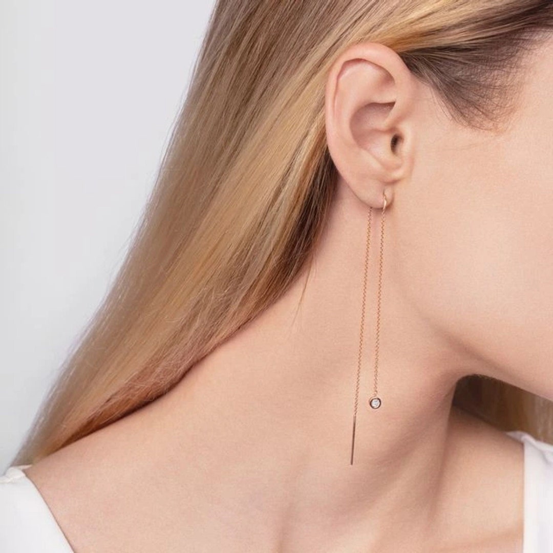 14k Solid Gold Dainty Threader Chain Earrings, Real Gold BEZEL DIAMOND ...