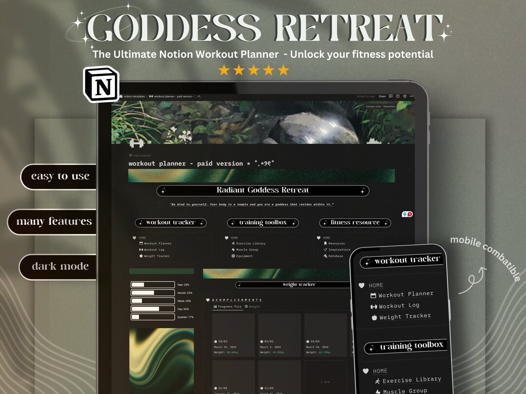 Goddess Retreat - Notion Workout Planner, Aesthetic Notion Template, ADHD Notion Template ...