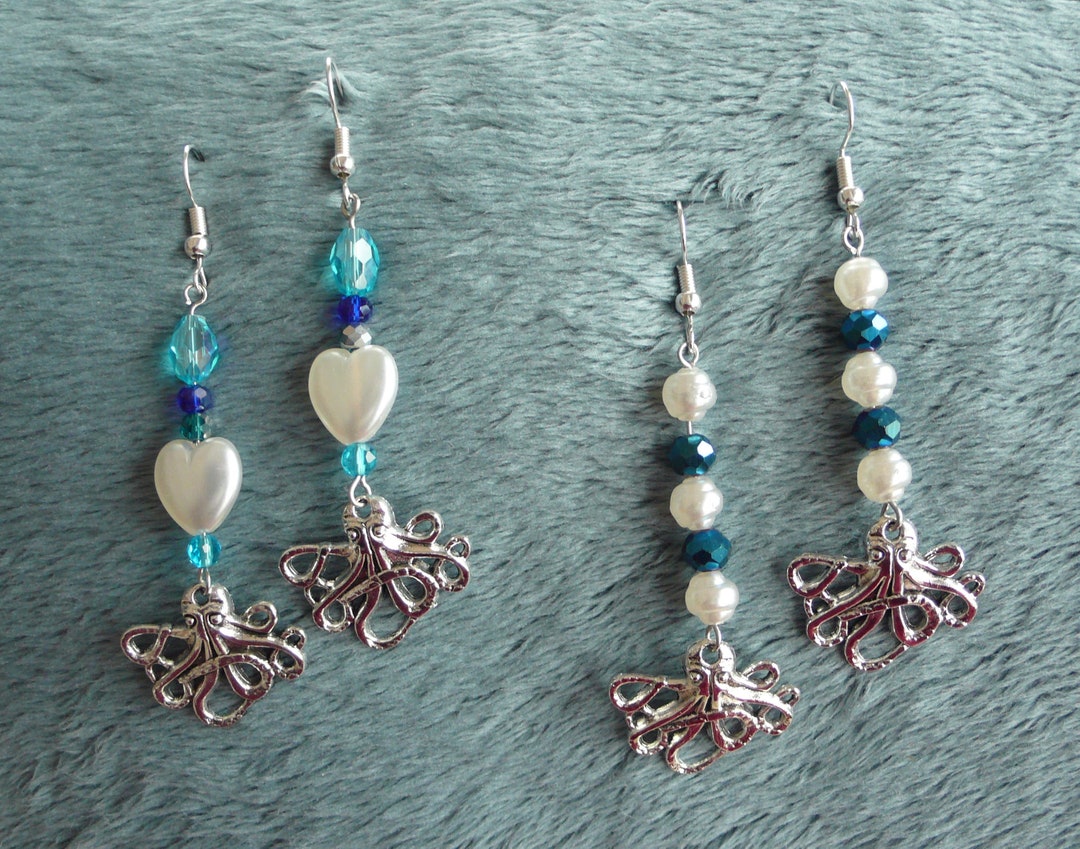 Elegant Blue & Pearl Heart Silver Octopus Charm Love Beaded Earrings - Etsy