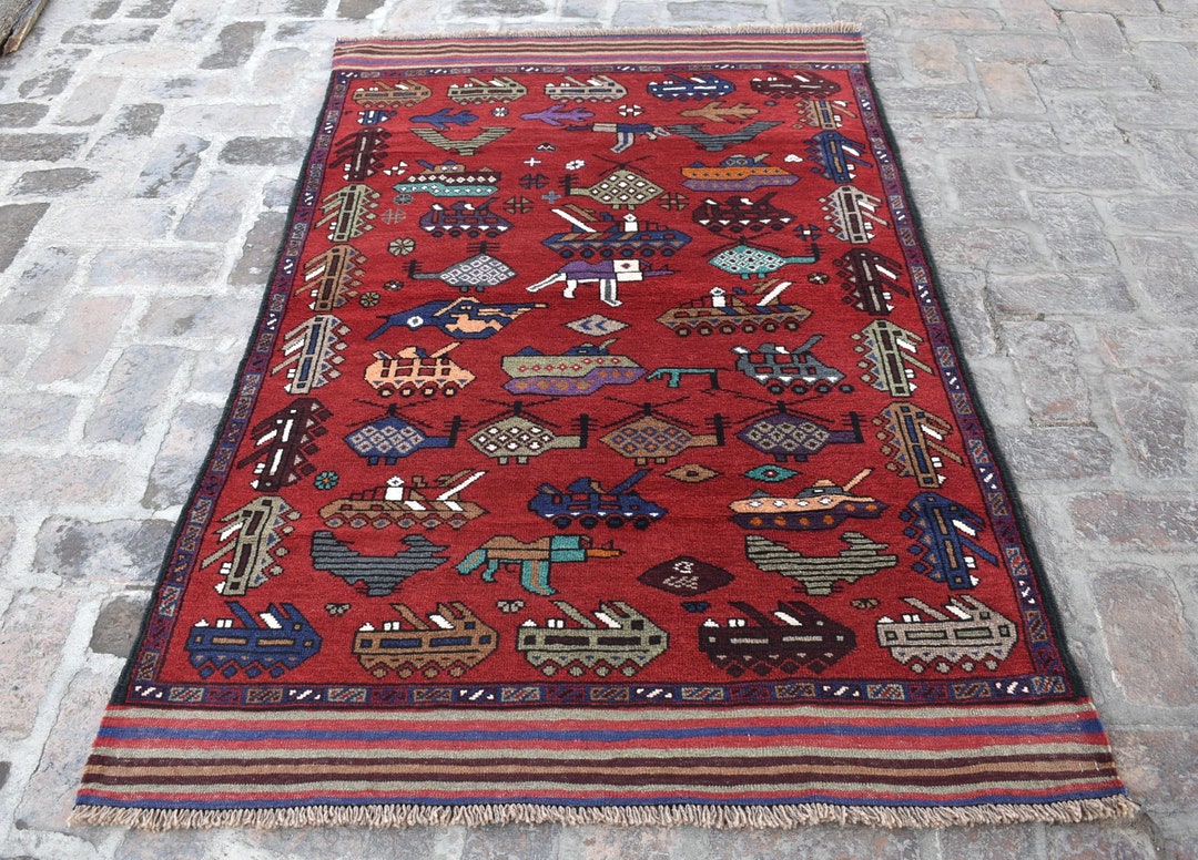 4x6'6 Handmade Afghan War Rug 4x6 Vintage Tribal Baluch Pictorial Rug ...