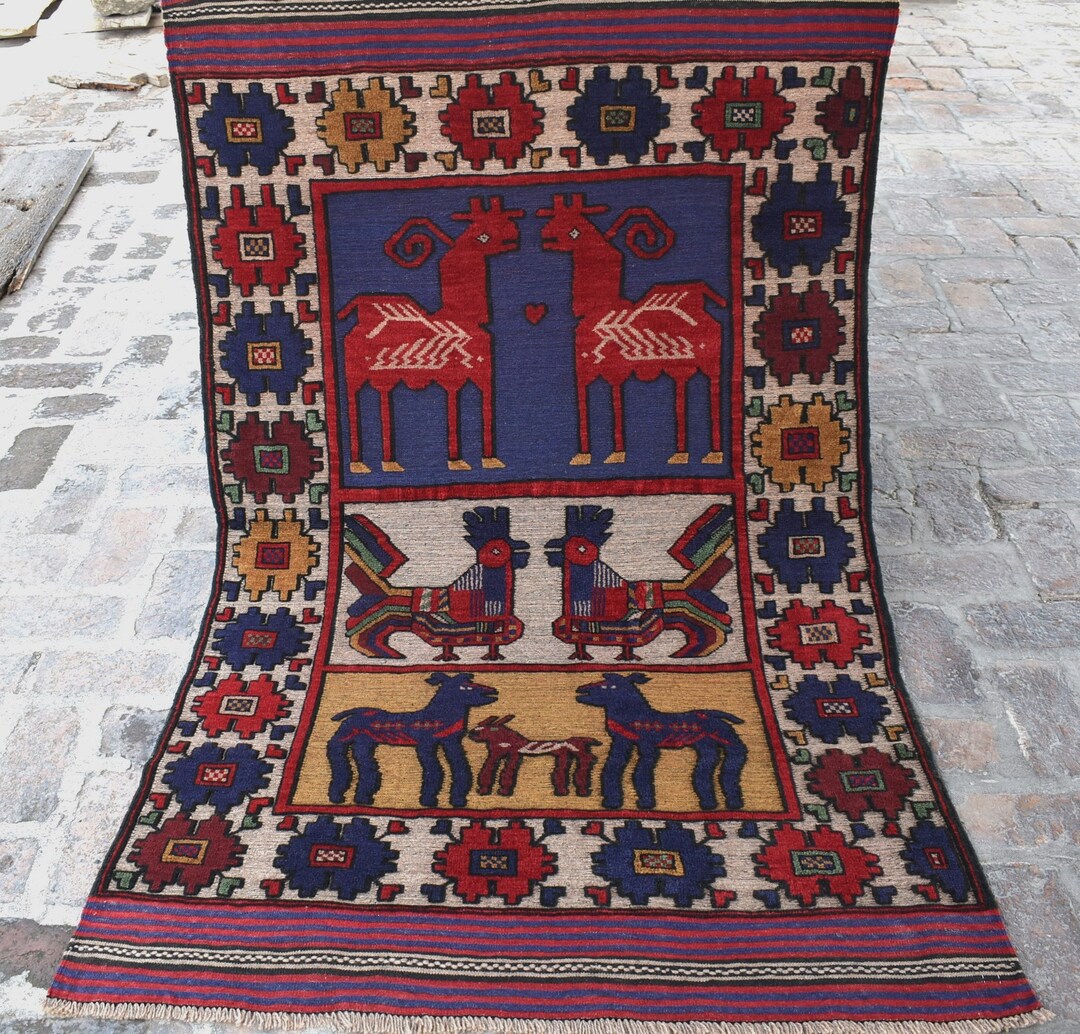 3'8 X 6 Ft Vintage Pictorial Rug, Afghan Tribal Area Rug, Handmade Wool ...