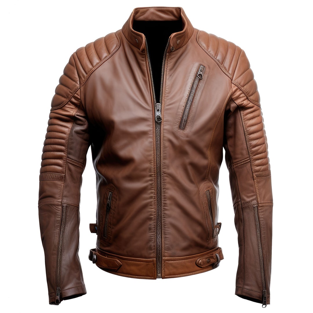 Mens Leather Jacket Puffer Cafe Racer Slim Fit Front Zipper Pocket Moto ...