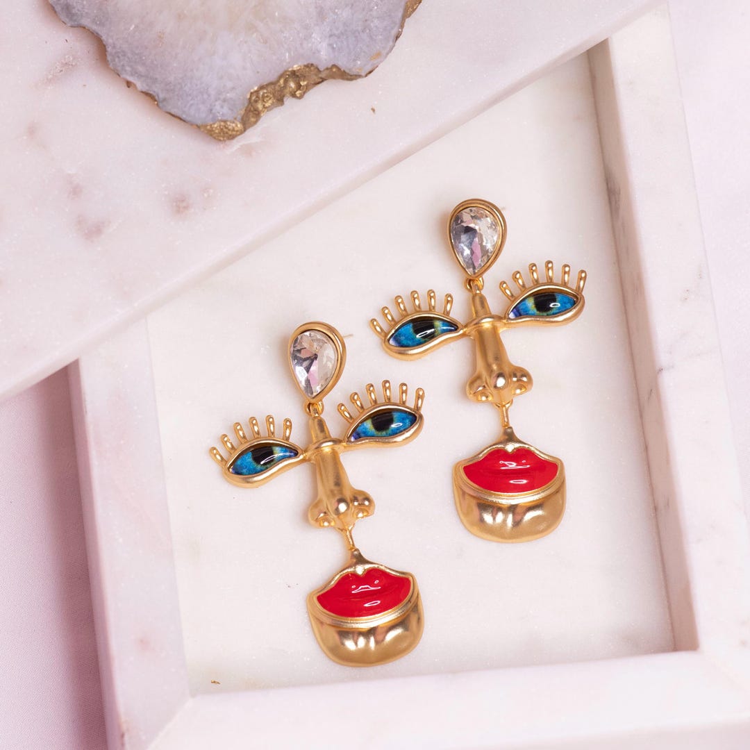 Vintage Gold Anatomy Face Earrings, Visage Red Lips Earrings ...
