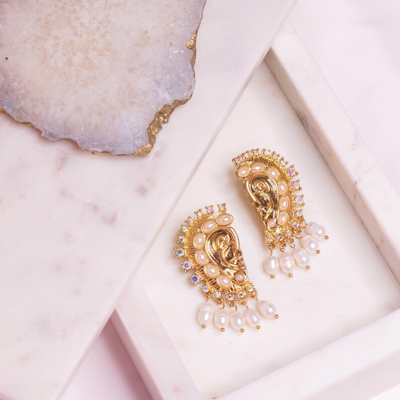 Vintage Gold Visage Pierced Ear Earrings, Surrealist Anatomy Human Ear ...