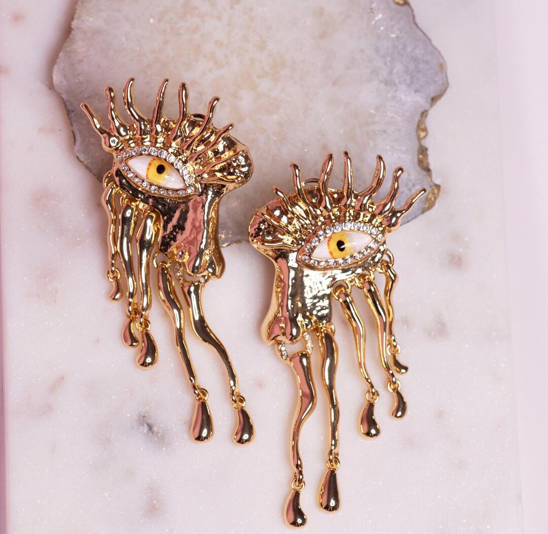 Vintage Gold Evil Eye Drop Earrings, Anatomy Human Face Earrings ...