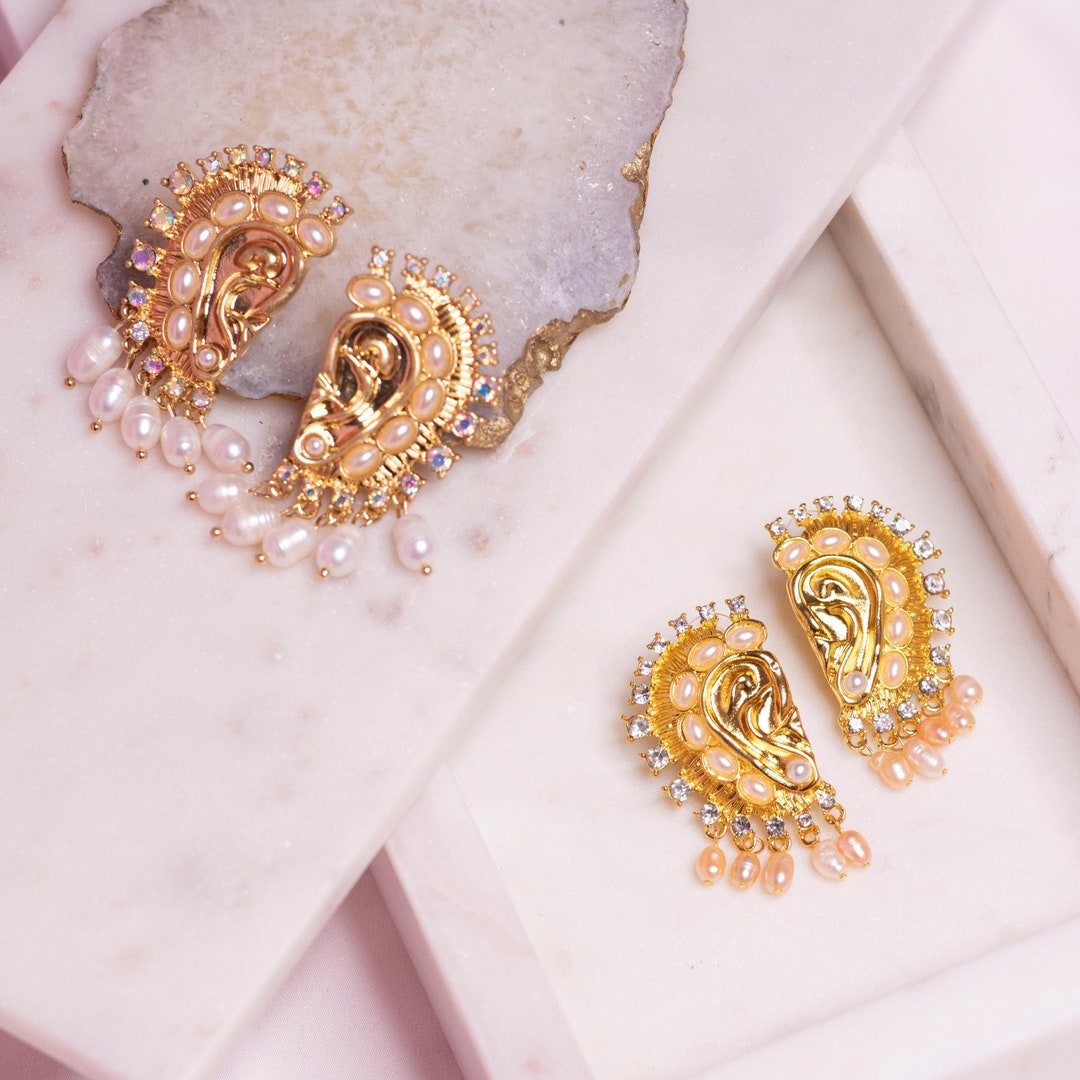 Vintage Gold Visage Pierced Ear Earrings, Surrealist Anatomy Human Ear ...