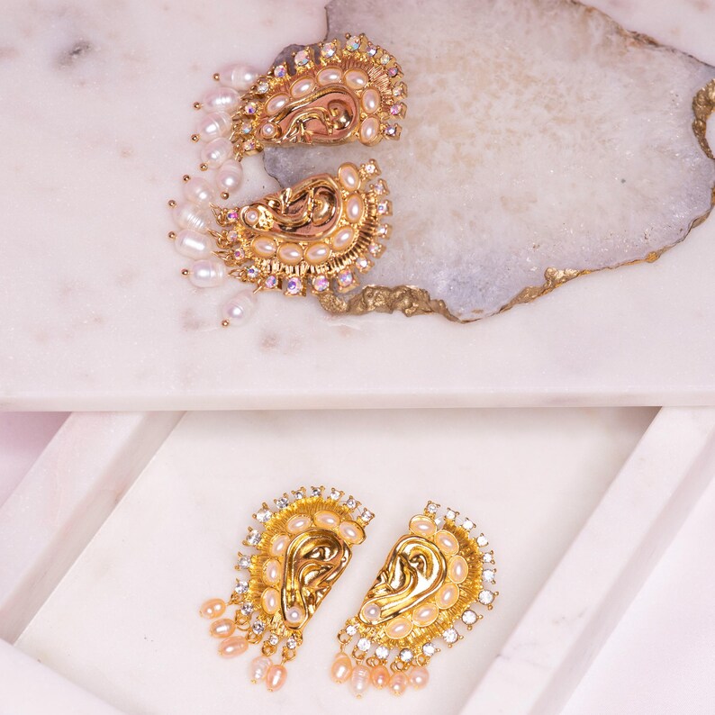 Vintage Gold Visage Pierced Ear Earrings, Surrealist Anatomy Human Ear ...