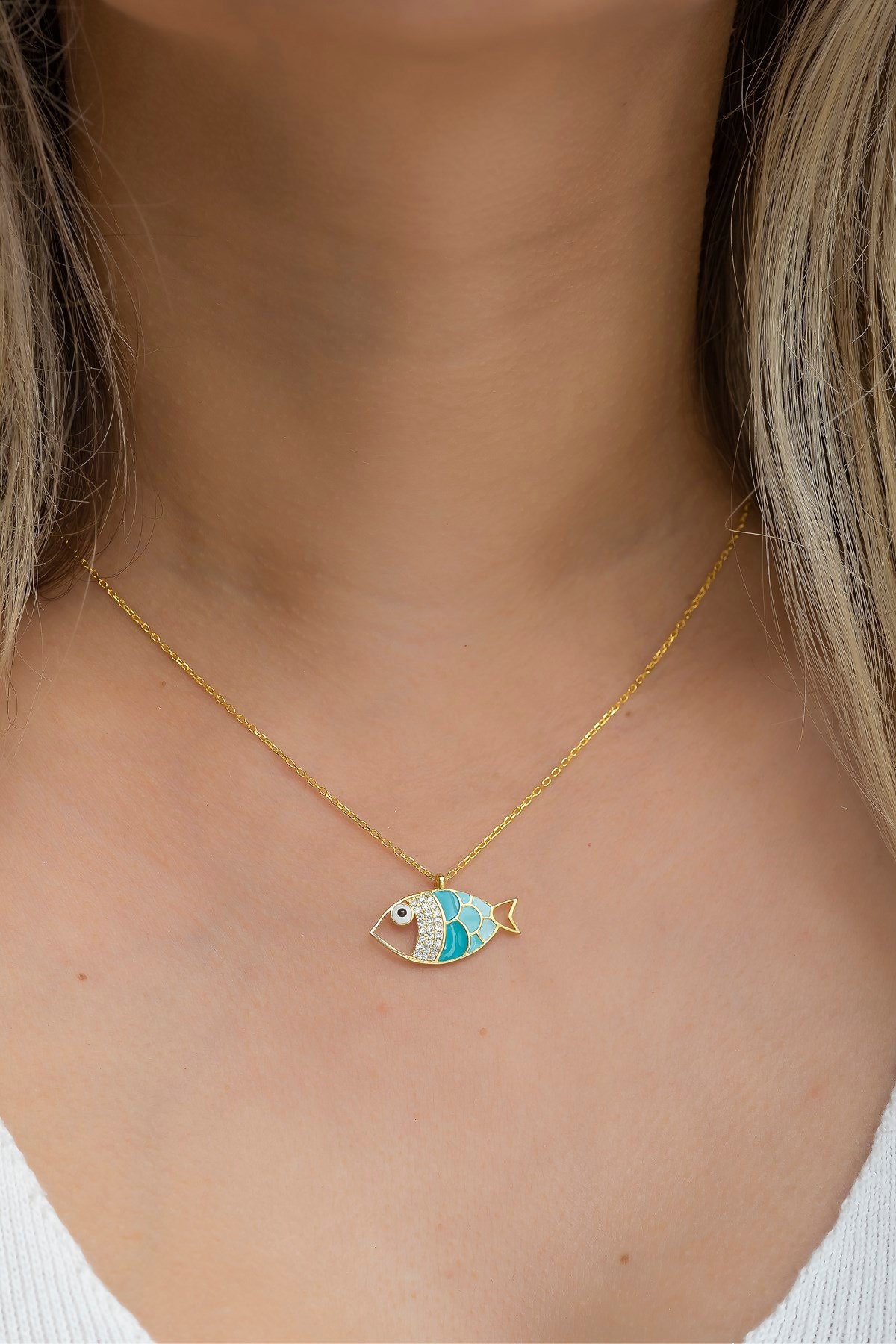 Blue Fish Necklace, 925 Sterling Silver, Tiny Fish Pendant, Silver Fish ...