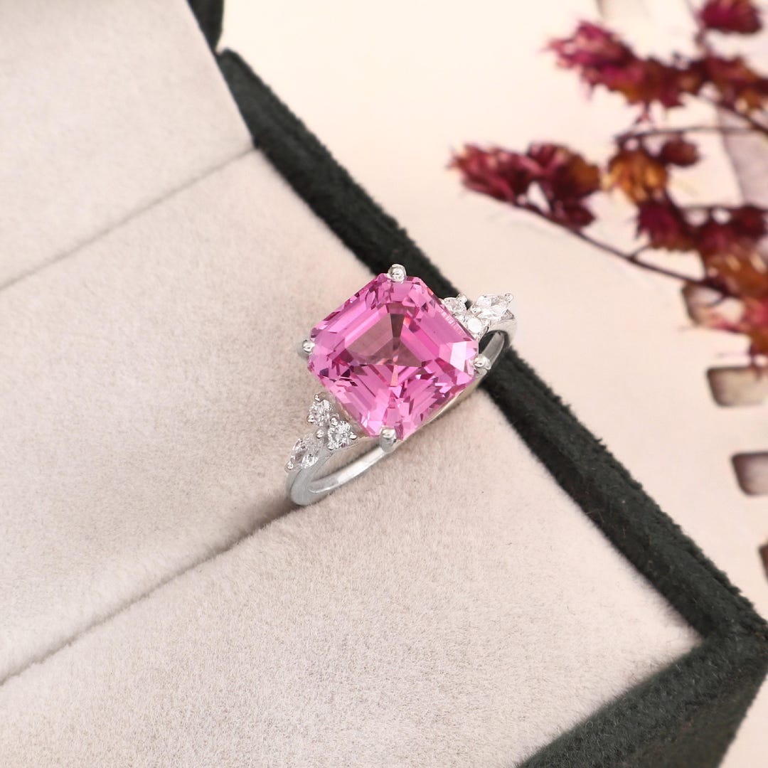 Elegant Pink Asscher Cut Ring 10x10 MM - Compass Setting With Side ...