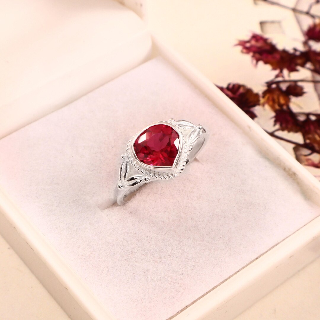 Mozambique Ruby Ring: 9x9 MM Heart Cut Sterling Silver Statement Ring ...