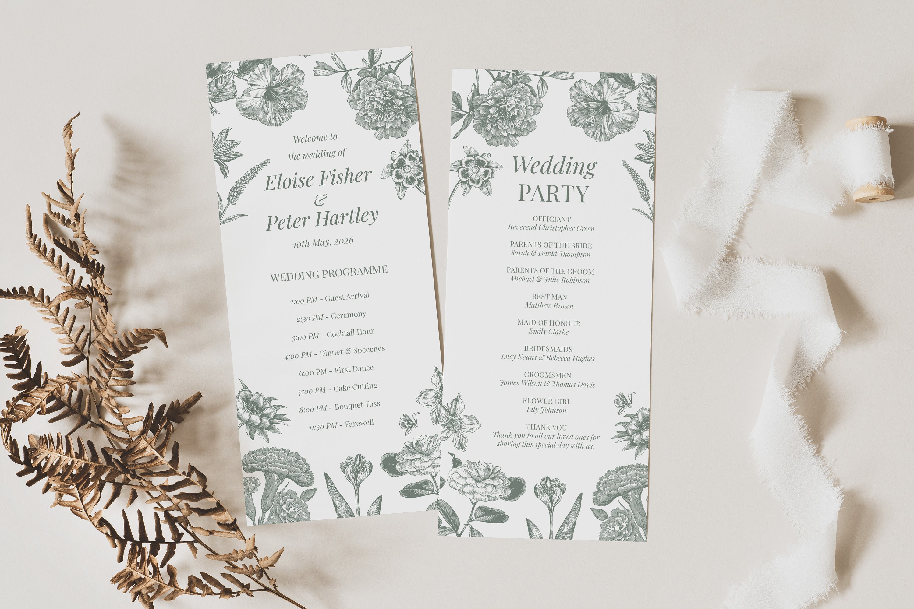 Sage Green Wildflower Wedding Program Template, Day Timeline, Programme ...